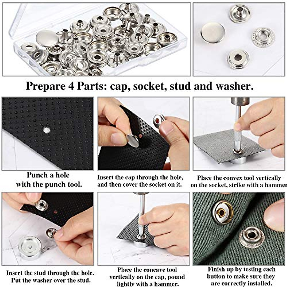 12 Sets Snaps Button Leather Snap Fasteners Kit 15mm Metal Snaps Repair Kit Snaps for Clothing Press Studs Snap Fasteners with 2 Pieces Installation Tools for Sewing Bags Jeans Fabric Jackets