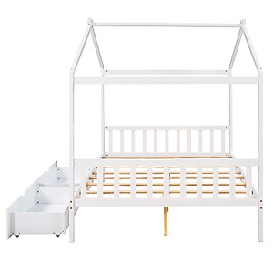 Full Size House Bed for Kids, Montessori Bed, Solid Wood Full Platform Bed Frame with 2 Storage Drawers, Headboard and Footboard, Full Storage Bed for Kids, Teens, Girls & Boys (Full, White)