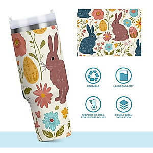 RPLIFE Easter with Bunnies and Flowers 40oz Tumbler with Handle, Stainless Steel Tumbler with Straw, Tumblers for Women