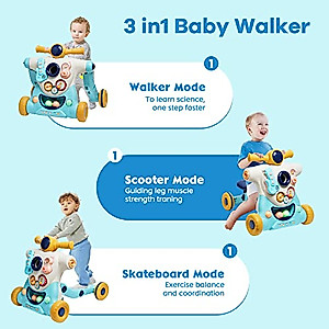Baby Sit-to-Stand Learning Walker, 3 in 1 Baby Walker for Boys Girls Toddlers, Educational Baby Push Walkers with Entertainment Activity Center, Baby Music Learning Toy Gift for Infant