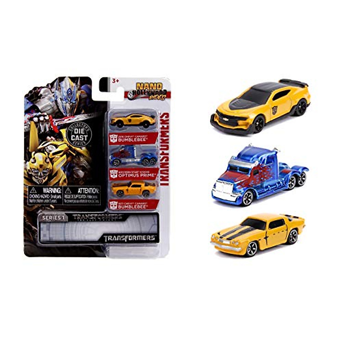 Jada Toys Transformers Nano Hollywood Rides 2016 Chevy Camaro Bumblebee, Western Star 5700XE Optimus Prime and 1977 Chevy Camaro Bumblebee, 1.75" Die-Cast Vehicles,Multi,31125
