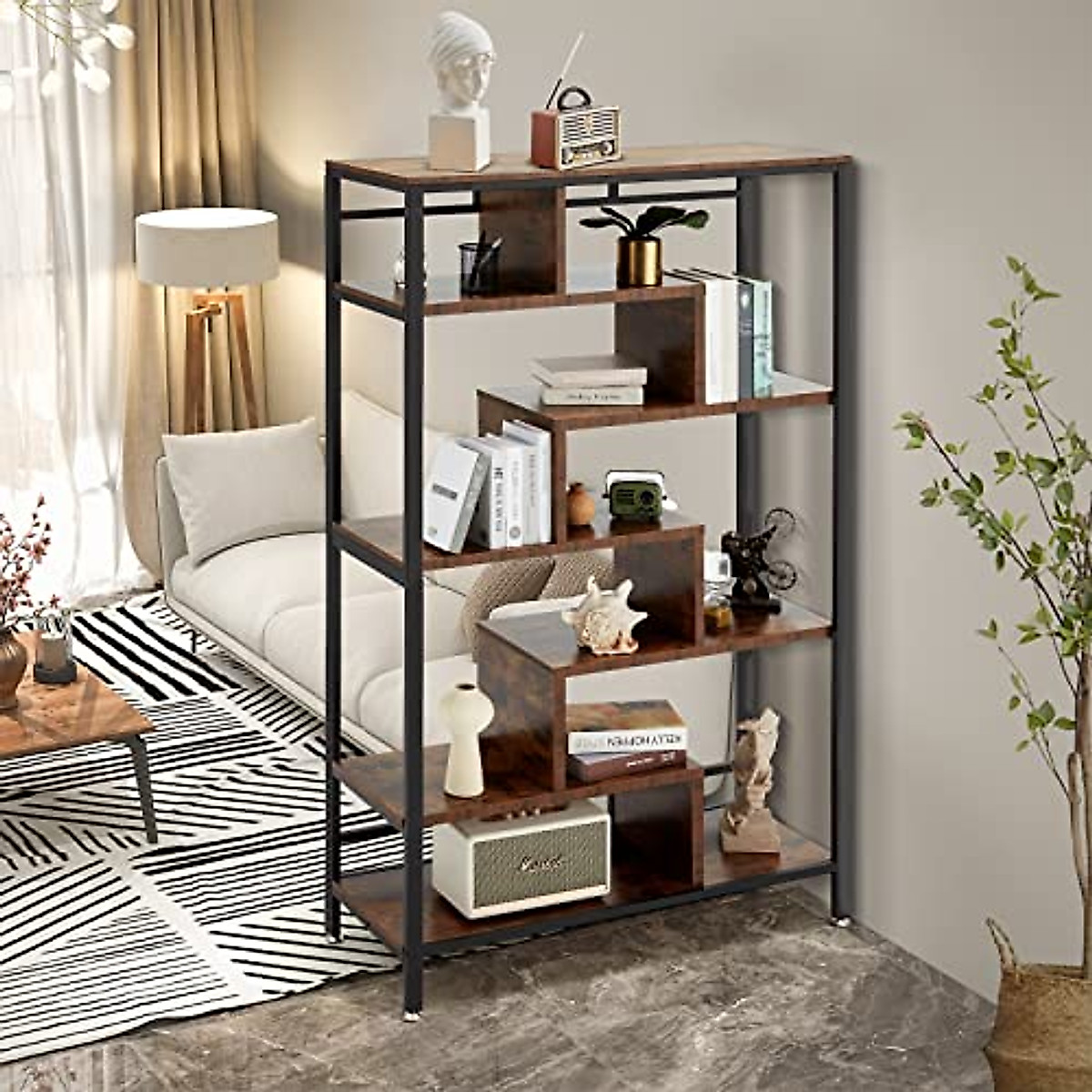 JOMEED 7-Tier Industrial Bookshelf for Bedroom,Large Etagere Bookcase Open Display Shelves with Metal Frame for Living Room Home Office，Asymmetrically Designed
