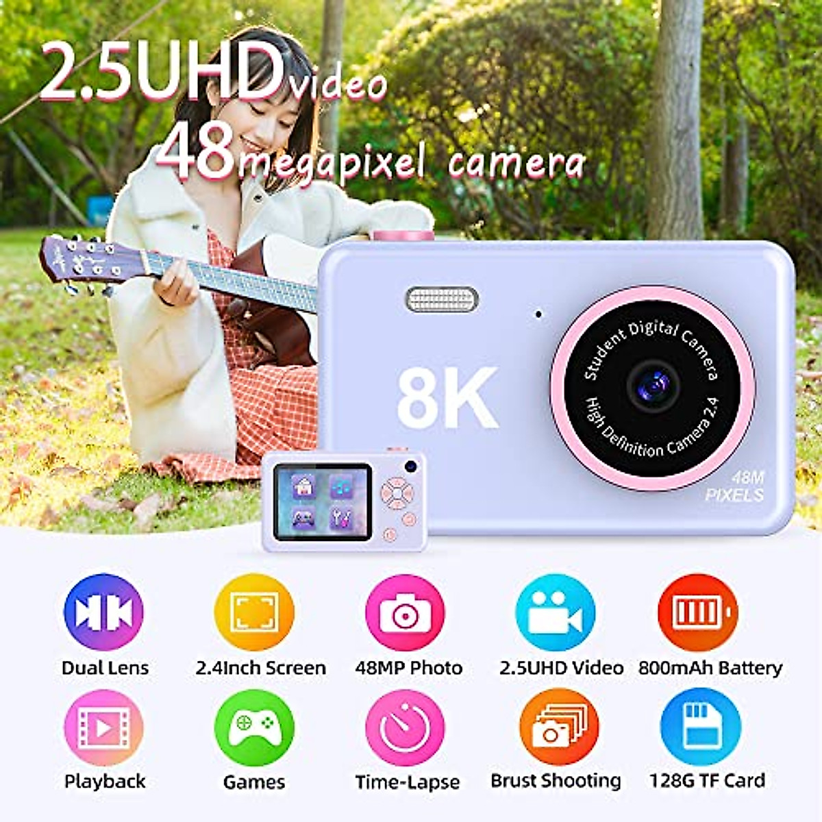 Digital Camera for Kids Girls Boys- 48MP Kids Camera with 32GB SD Card, Full HD 1080P Front and Rear Cameras Rechargeable Mini Camera for Students, Teens, Kids - Purple