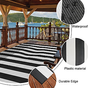 Pcinfuns Plastic Straw Rug,Patio Rugs RV Camping Rug Reversible Mat,6'x9' Large Floor Mat and Rug for Outdoor,Black and White Stripes