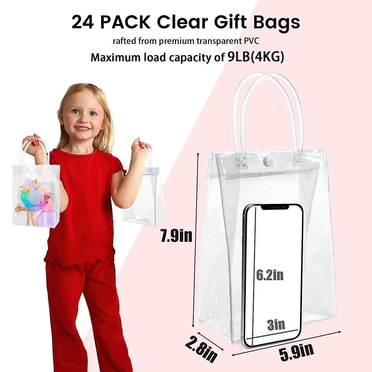 VGOODALL 24PCS Clear Gift Bags with Handle, Plastic Bags Gift Bags Thickened PVC Goodie Bags for Wedding Birthday Baby Shower Party Favor(5.9"x2.8"x7.9")