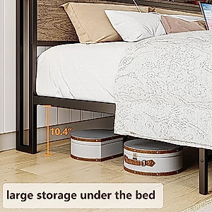 IRONCK King Size Bed Frame, Bookcase Headboard with Charging Station, Platform Storage Bed, Solid and Stable, Noise Free, No Box Spring Needed, Rustic Maple