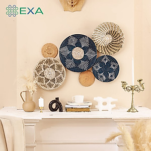EXA Set of 6 Hanging Woven Wall Basket Decor Peony Rustic Round Decorative Large Wall Decor - Handmade Seagrass Baskets - Rattan Wall Art, Flat Wicker Woven Basket Wall Decors for Boho