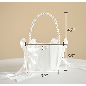 ATAILOVE Wedding Flower Girl Basket with Cute Pearl Handle Bowknot Satin Flower Baskets for Wedding Ceremony - Ivory