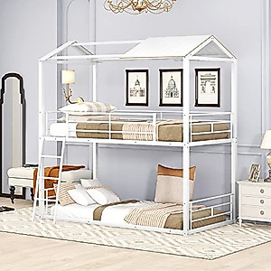 EMKK Twin Over Twin Metal Bunk Bed,House Shaped Low Bunk Beds w/Safety Guardrail & Ladder,Twin Over Twin Bunk Beds for Kids Girls Boys Toddlers,Metal House Bunk Bed Frame with Ladder