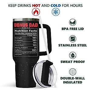 34HD Best Bonus Dad Tumbler with Handle & Straw, 40oz Vacuum Insulated Stepdad Cup with Nutrition Facts, Birthday Christmas Father Day Gifts for Adopted Stepup Dad Chosen Papa Stepfather