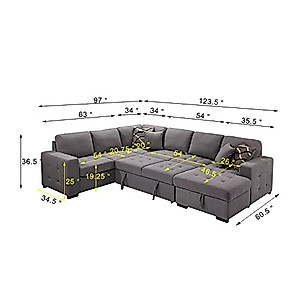123" U-Shaped Polyester Sectional Sofa with Pull Out Sleeper Couch Bed & Storage Chaise, Oversized Functional Sofa & Couch Convertible Sofabed w/4 Pillows for Home Apartment Living Room Furniture Set