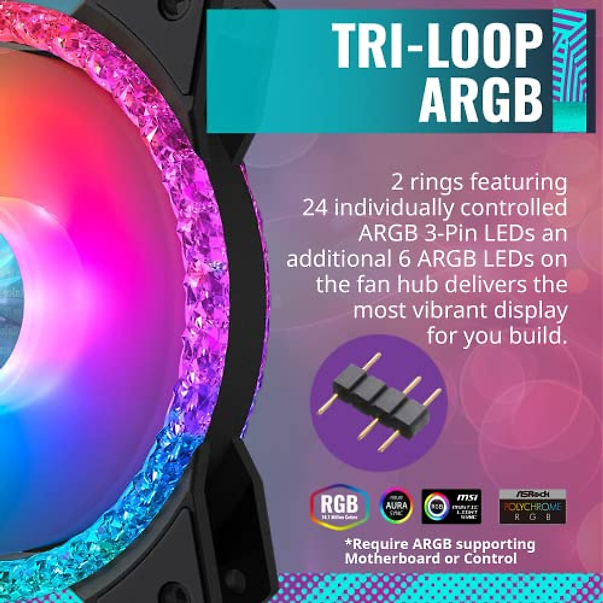 Cooler Master MasterFan MF120 Prismatic Tri-Loop ARGB 3-Pin Fan, 24 Independently LEDs, 6 LEDs Fan hub, 120mm PWM Static Pressure Fan, ARGB Header Extender for Computer Case & Liquid Radiator