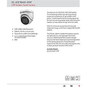 DS-2CE76H0T-ITMF 5MP Turbo HD TVI Turret Dome Mini Eyeball Analog Security Camera, CCTV Surveillance, 2.8mm Wide Angle, 65ft Night Vision, Outdoor, ONLY Compatible with Hik Vision 5MP and 8MP DVR