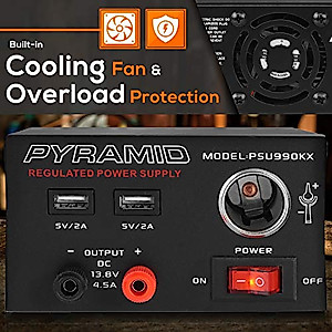 Pyramid Universal Compact Bench Power Supply - 7 Amp Regulated Home Lab Benchtop AC-Dc Converter Power Supply for CB Radio, HAM W/ 13.8 Volt Dc 120V AC Supply, Dual USB, Cigarette Lighter PSU990KX