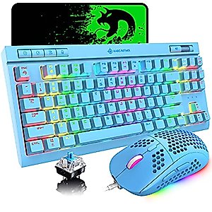 RGB Rainbow Mechanical Gaming Keyboard and Mouse Combo Blue Switch 87 Keys Backlit Keybaord with Lightweight Honeycomb Shell Wired RGB Gaming Mouse 6400 DPI Mouse pad for PC Gamers Xbox One PS4 PS5