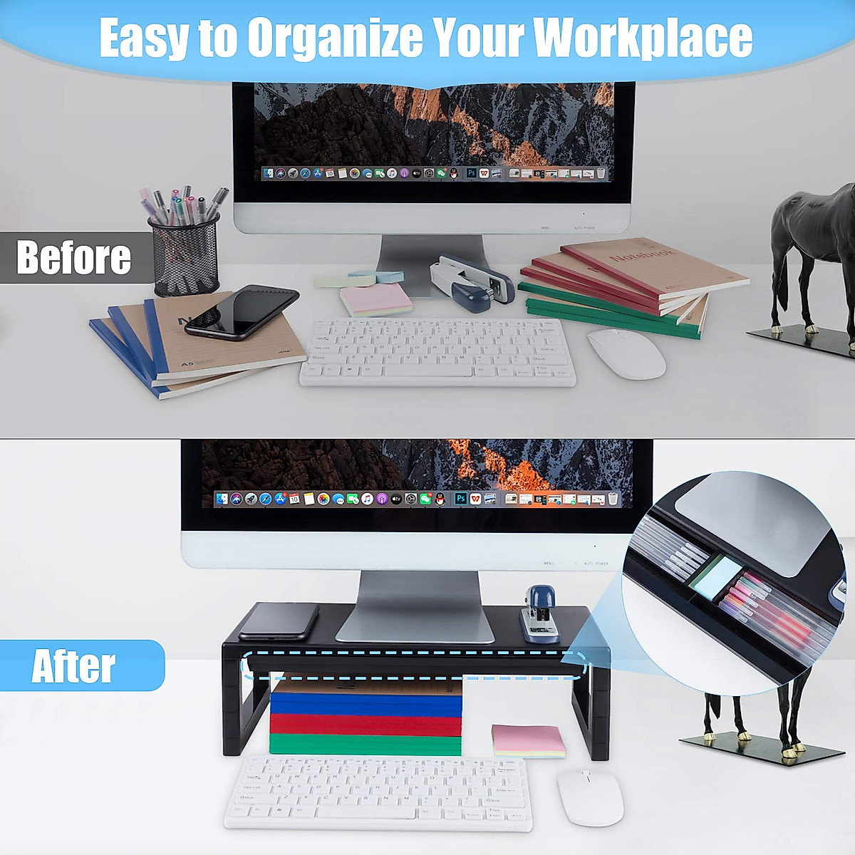 Monitor Stand Riser, Kavalan Lightweight 4 Level Height Adjustable Computer Monitor Stand & Desktop Printer Stand with Storage Drawer for Office Desk Accessories, Supports up to 5kg PC Monitor, Laptop