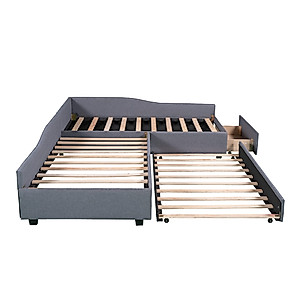 L-Shape Platform Bed Twin Size Upholstered Daybed with Trundle and Storage Drawer Linen Corner Day Bed Frame for 3 Kids Boys Girls Teens, Gray