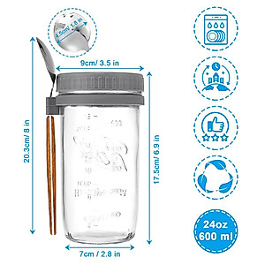 FRIUSATE 4 Pack Overnight Oats Containers with Lids and Spoons, 24 oz Glass Oatmeal Container with Measurement Marks, Large Capacity Airtight Mason Jars for Milk Cereal Fruit