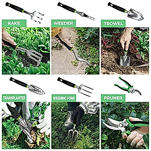 Tenozek Gardening Tool Set 11 PCS Heavy Duty Aluminum Garden Supplies Kit Gardening Gifts Basket for Women Men Gardener Beginners Garden Hand Implements with Non-Slip Rubber Handle Storage Tote Bag