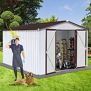 EMKK 8 x 10 ft Storage Shed Outdoor Backyard Garden Tool Shed with Hinged Door, Padlock, 2 Airy Vents, & Durable Steel for Garden, Backyard, Lawn