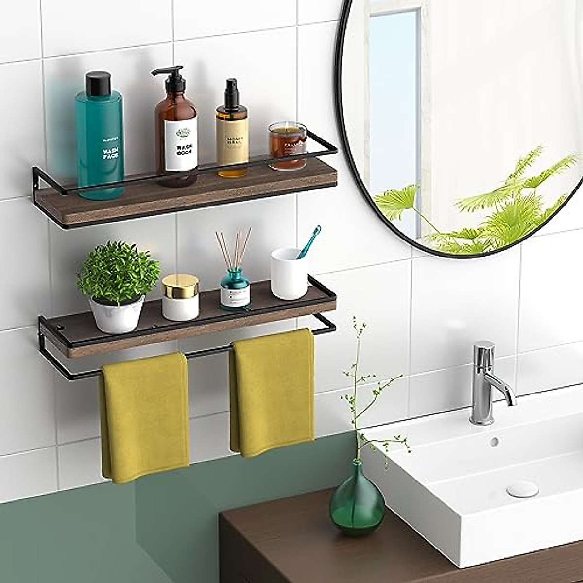 Meangood Floating Shelves Wall Mounted Set of 2, Rustic Wood Wall Storage Shelves for Bedroom,Living room,Bathroom, Kitchen Brown