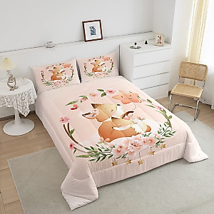 Erosebridal Kids Fox Comforter Set Twin for Girls Boys Woodland Animal Bedding Set, Pink Flower Bedding Comforter Sets Cute Stars Duvet Insert, Kawaii Jungle Wildlife Quilted Duvet Butterfly Decor