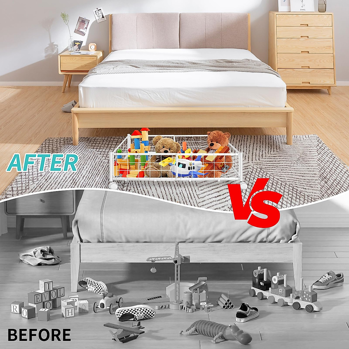 Under Bed Storage with Wheels, Under Bed Storage Containers Metal Foldable Space-Saving Under Bed Drawer Shoe Storage Bins Organizer on Wheels for Clothes Books (2 Packs White)