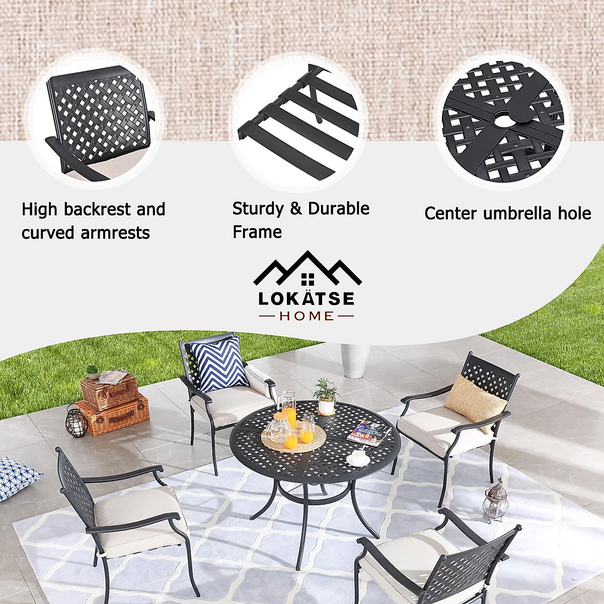 LOKATSE HOME 5 PCS Outdoor Patio Dining Set 4 Armchair with Cushions and 1 Round Table with 2.04" Umbrella Hole, Khaki