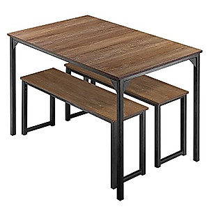 IMUsee 45" Dining Table Set for 4, 3-Pieces Kitchen & Dining Room Sets with Benches, Metal Frame and Wood Board, Sturdy Structure, Easy Assembly, Small Space Dinette, Brown & Grey