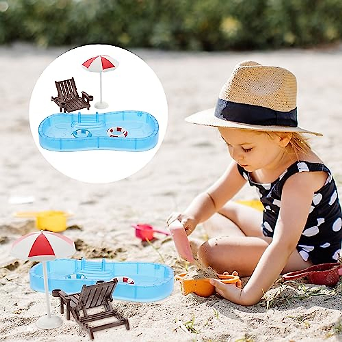 Ciieeo 5 Pieces Miniature Dollhouse Beach Accessories Beach Dollhouse Decoration Set with Umbrella Chair Swimming Ring Swimming Pool