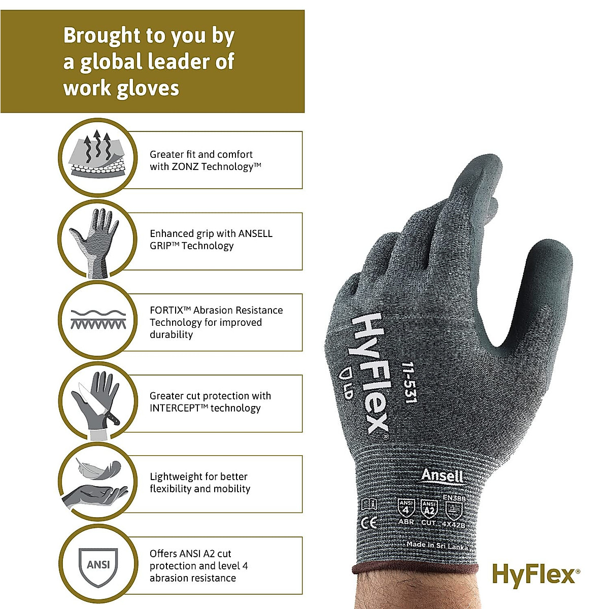 Ansell HYFLEX 11-531 Cut-Resistant Nylon Spandex Industrial Gloves w/Foam Nitrile Palm for Fabrication, Automotive - Medium (8), Grey (144 Pairs)