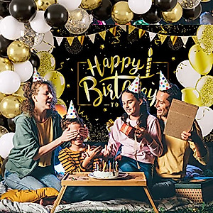 Rubfac Black and Gold Birthday Decorations Happy Birthday Backdrop with 70pcs Black and Gold Balloon Garland Kit Photo Backdrop Background for Birthday Party Decoration Supplies