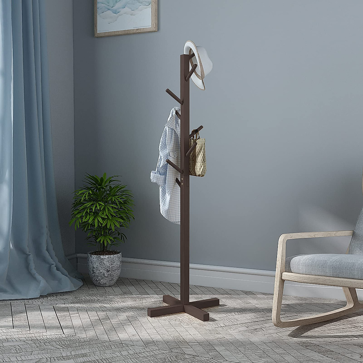 Tiasott Wooden Coat Rack Stand,Free Standing Tree Hanger,Standing Coat Rack with 8 Hooks,Hallway Entryway Clothes Hanger for Suits,Hats,Scarves,Handbags,Umbrella,Brown