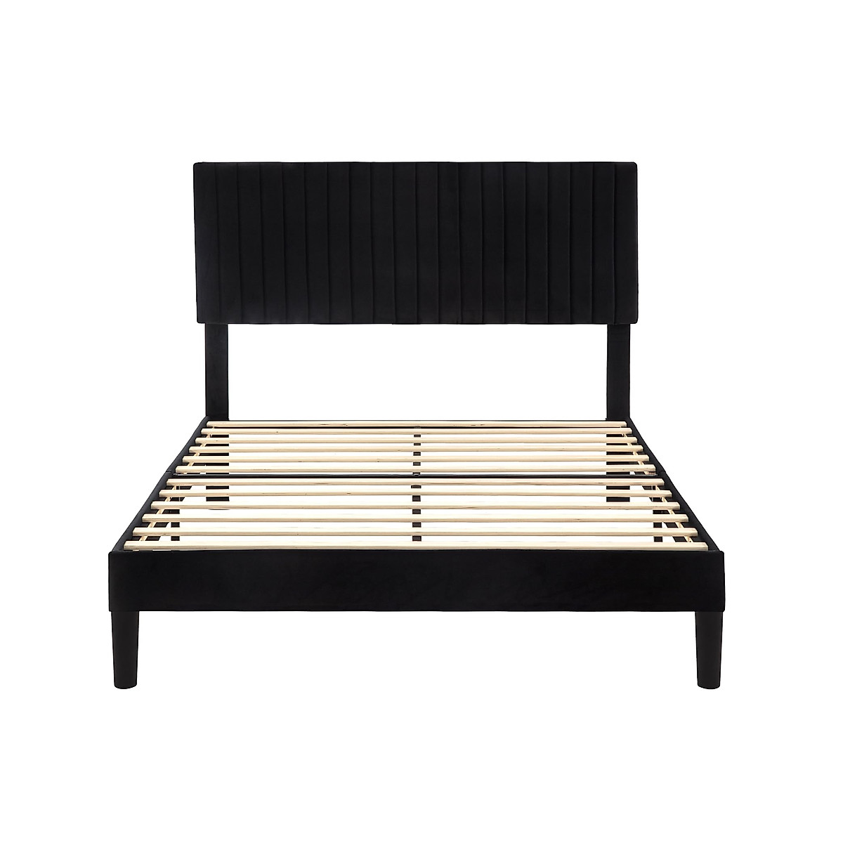 Allewie Queen Bed Frame, Velvet Upholstered Platform Bed with Vertical Channel Tufted Headboard, Mattress Foundation with Strong Wooden Slats, Box Spring Optional, Easy Assembly, Black