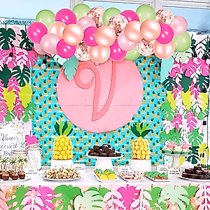 Tropical Luau Birthday Party Balloons, 60 pcs Pink Green Rose Gold Confetti Balloons with Palm Leaves for Tropical Birthday Party Hawaii Luau Summer Party Decoratoins.