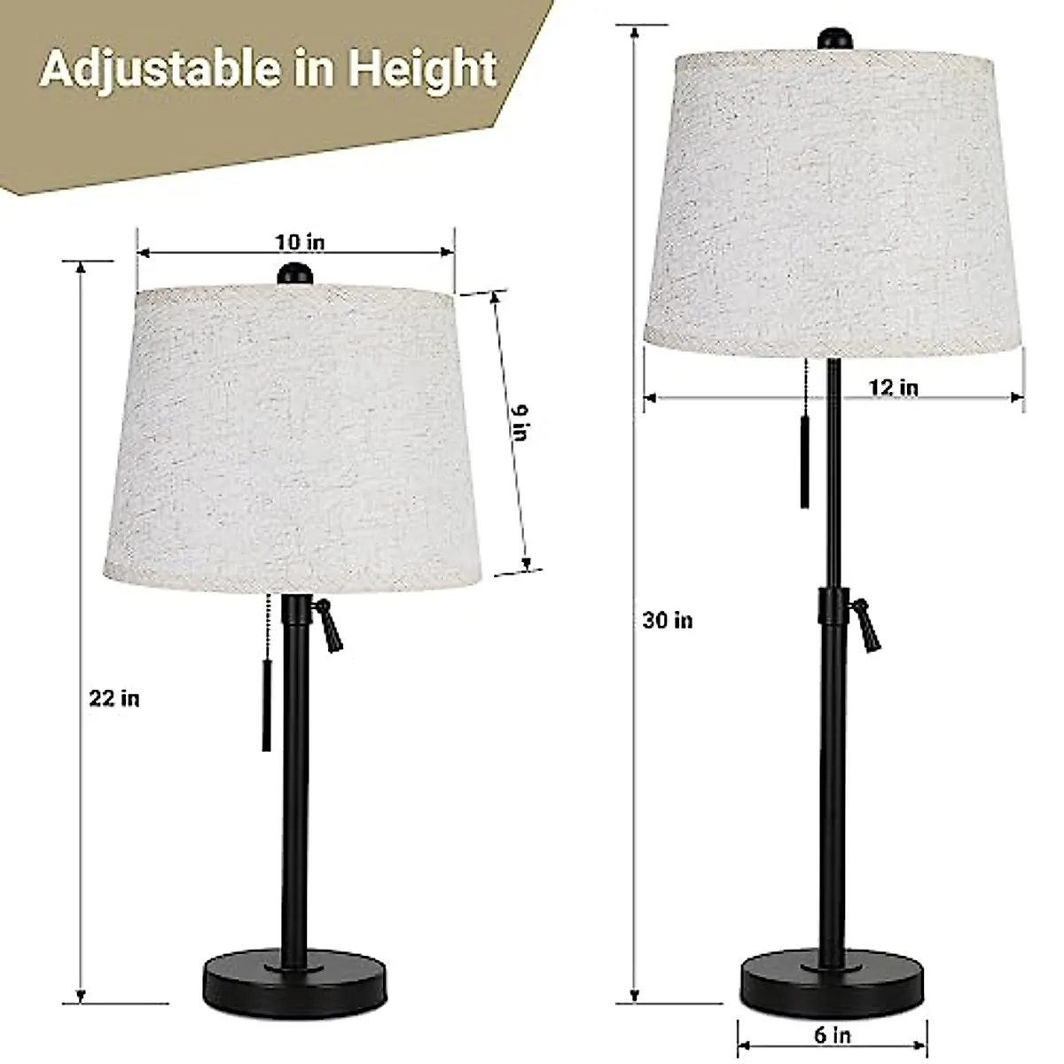 Table Lamps for Living Room Set of 2, Modern Bedside Lamps for Bedroom Height Adjustable Desk Lamp Dimmable Black Nightstand Lamps with Beige Lampshade, Pull Chain Table Lamp for Office Restaurant