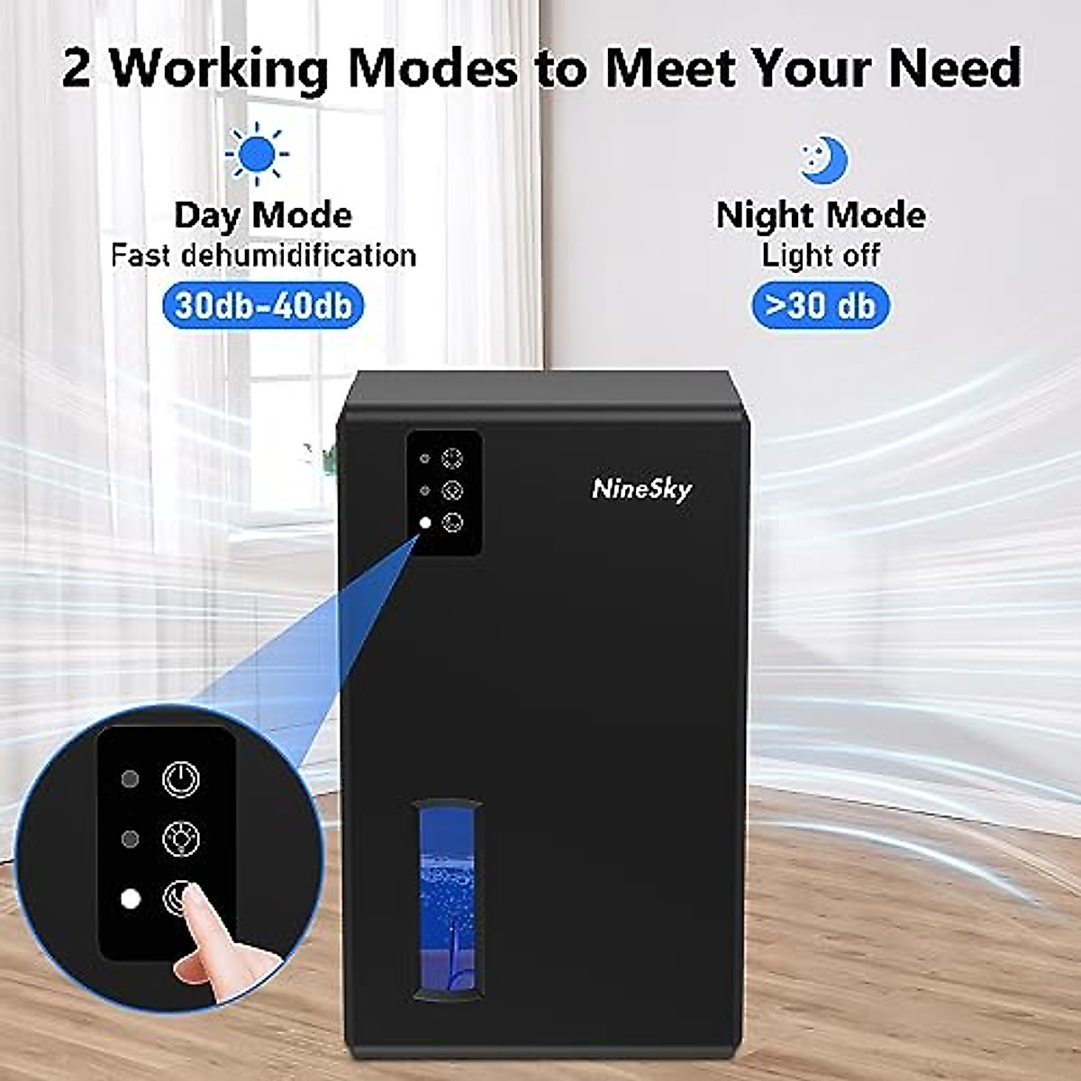 NineSky Dehumidifier for Home, 85 OZ Water Tank, (800 sq.ft) Dehumidifiers for Bathroom, Bedroom with Auto Shut Off, 7 Colors LED Light(Black)