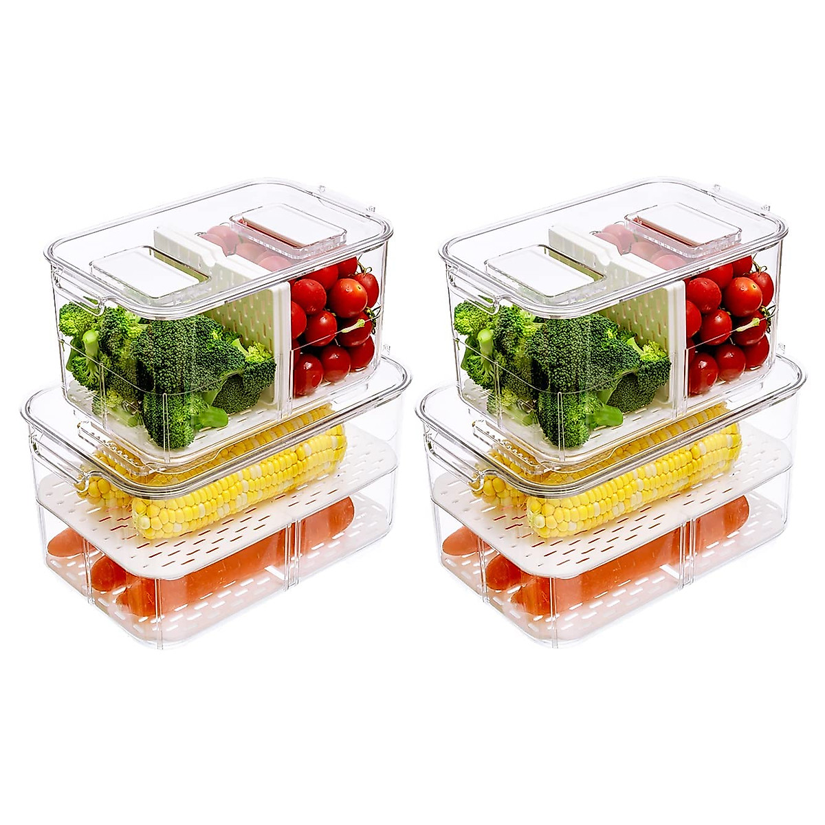 SANNO Fridge Produce Saver Storage Vegetable Fruit Containers Food Produce Saver Container Stackable Refrigerator Organizer Bins Fresh Keeper Drawers Organizer, Set of 4