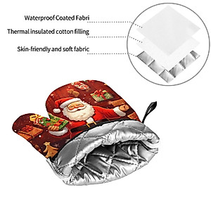 Oven Mitts and Pot Holders Set of 4 Happy Christmas Print Kitchen Oven Glove Fashion Heat Resistant Oven Gloves Set for BBQ Grill Baking Cooking Oven Microwave