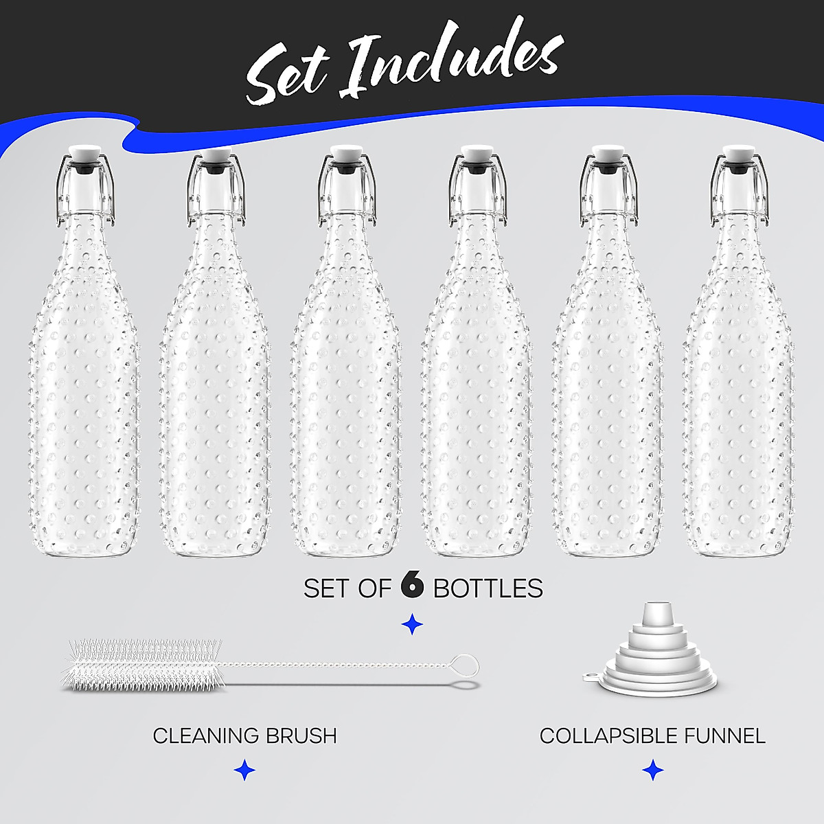 Nevlers 33oz 6 PK Dotted Swing Top Glass Bottles with Lids | Flip Top Glass Bottle for Beer, Mead, Wine Bottles, Kombucha Bottles & Limoncello Bottles with Caps | 1 Liter Glass Containers for Liquids