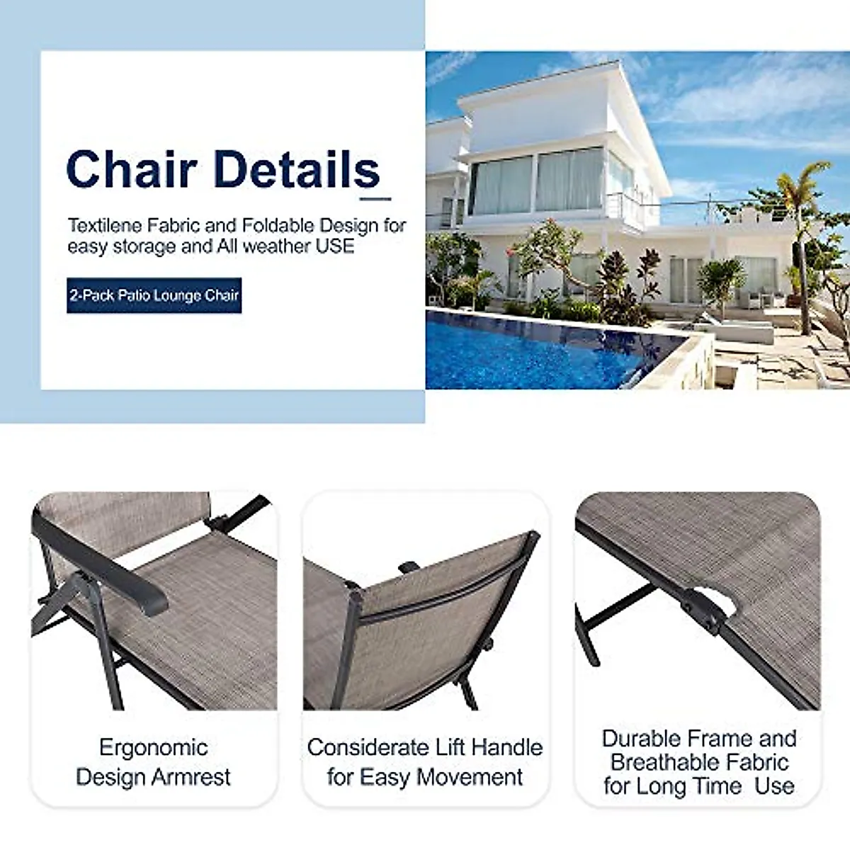 Vongrasig Patio Double Chaise Lounge Chairs Set of 2, Outdoor Adjustable Steel Textiline Folding Reclining Lounge Chair Outdoor Lay Out Chairs for Lawn Garden Pool Beach Yard, Brown