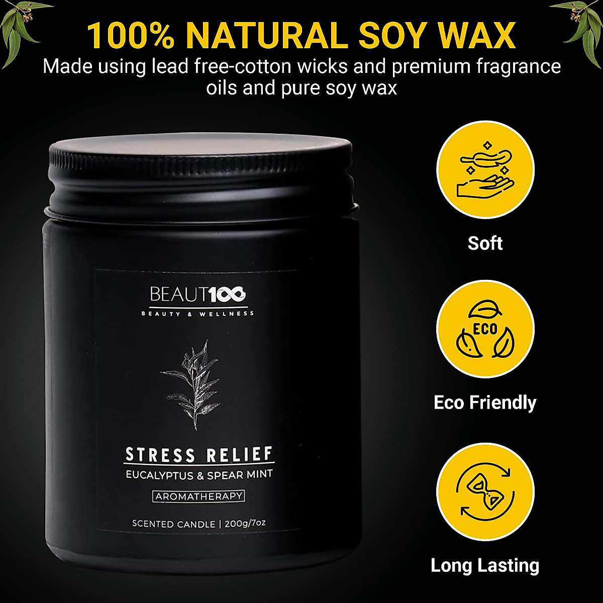 BEAUT100 Stress Relief Candle | Scented Candles for Men & Women | Aromatherapy Candle, Long Lasting Relax Soy Candles for Home | Candles Gift for Women & Men.