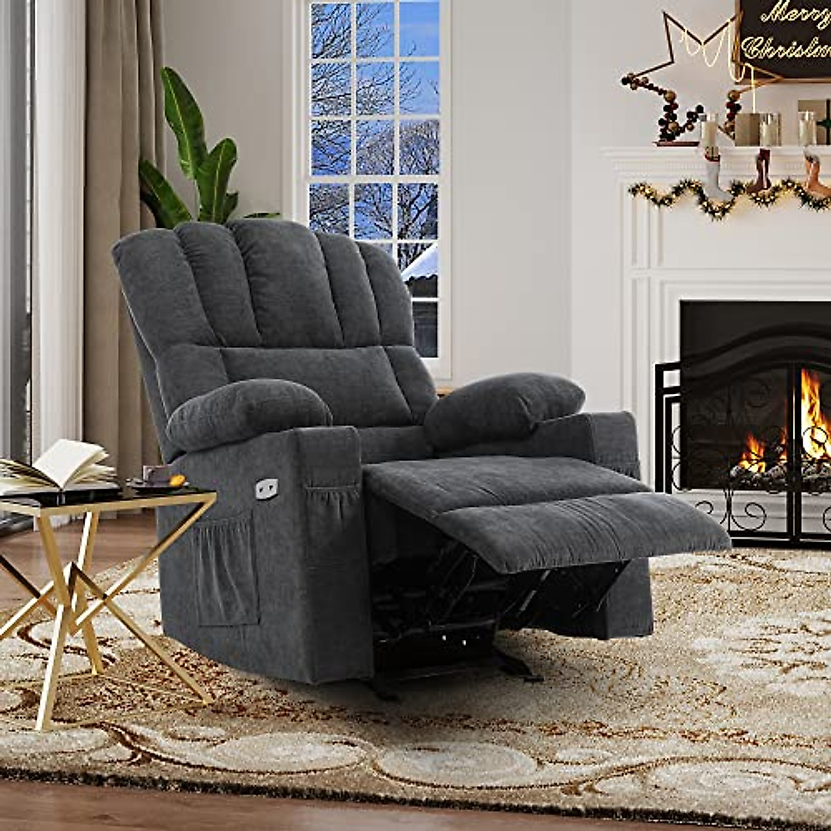 YITAHOME Glider Rocker Recliner Chair with Massage and Heat, Fabric Recliner Chair, Manual Rocking Recliner Chair with 2 Cup Holders, USB Charge Port and Side Pocket,Grey