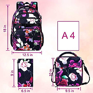 FTJCF Laptop Backpack, 16 Inch School Bag College Bookbag, Anti Theft Daypack Bags and Lunch Bag Set, Water Resistant Rose Backpacks for Teens Girls Women Students (Black)