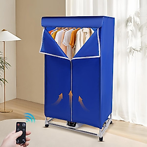 VPABES Portable Clothes Dryer with Timer, 1200W Drying Machine for Laundry 2-Tier Foldable Clothes Dryer Rack Stainless Steel Mini Dryer for Apartments Home Dorms Travel RV (Blue w/Remote)