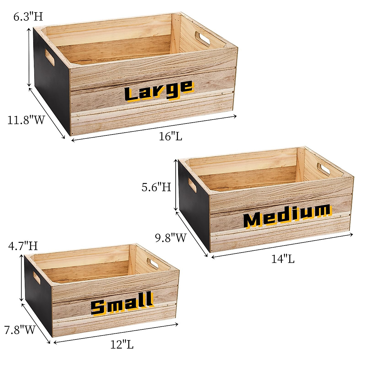 Lyellfe Set of 3 Wood Crates, Rustic Nesting Wooden Crates Unfinished for Display, Milk Organizer Storage Box with Chalkboard Handle, Natural Solid Wood