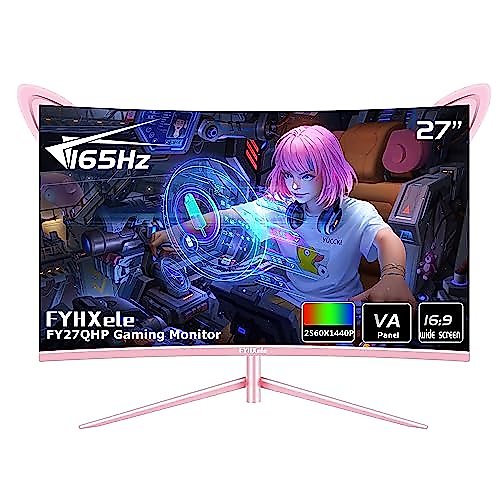FYHXele FY27QHP Pink Monitor 27 Inch Curved Gaming 165Hz - Support 144Hz 1800R 1ms QHD 2560 x 1440P VA Screen, Built-in Speakers, AMD Free-Sync, HDMI, DP, USB, AUX, Tilt Adjustable
