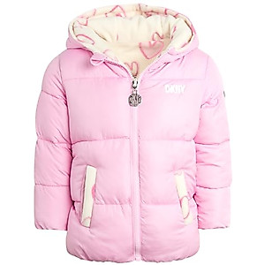 DKNY Baby Girls Winter Jacket – Reversible Puffer Jacket with Fleece Lining – Reversible Coat for Infants/Toddlers (12M-4T), Size 4T, Medium Pink/Pink Cream Hearts