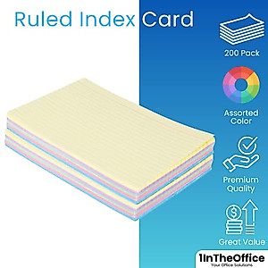 1InTheOffice Index Cards 4x6 Ruled Colored, Assorted 200/Pack