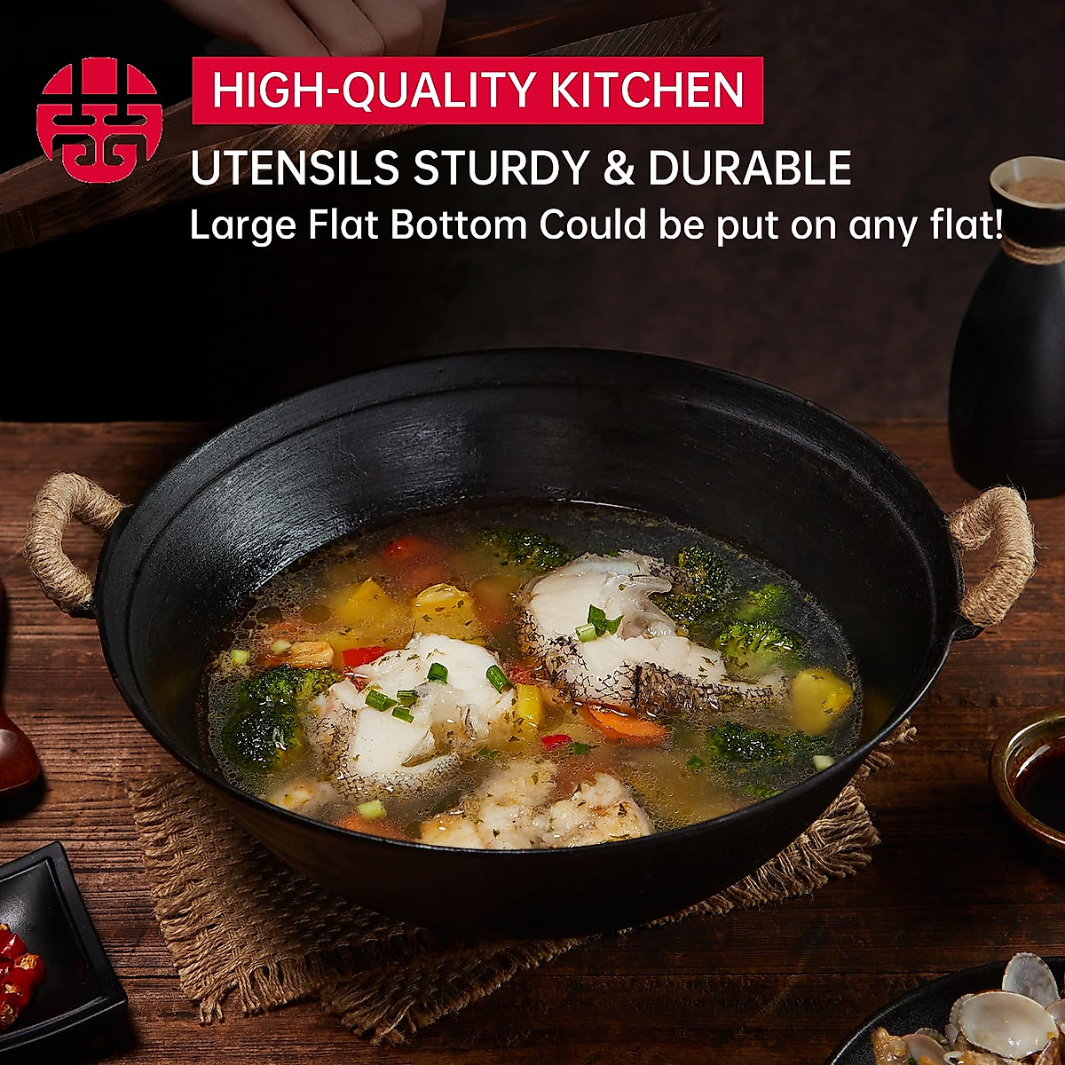 WANGYUANJI Handmade Cast Iron Wok 14.2" Large Woks Stir-Fry Pans with Dual Handle,Fry Pan Suitable for Induction, Electric, Gas, Halogen All Stoves-Black,Uncoated Craft Wok Healthy Cooking Wok